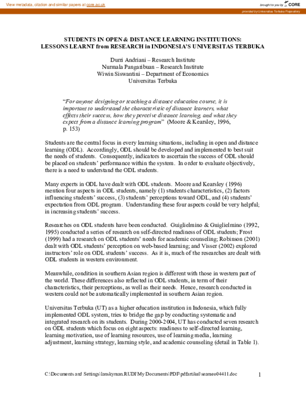 (PDF) Students in Open and Distance Learning Institutions: Lesson ...