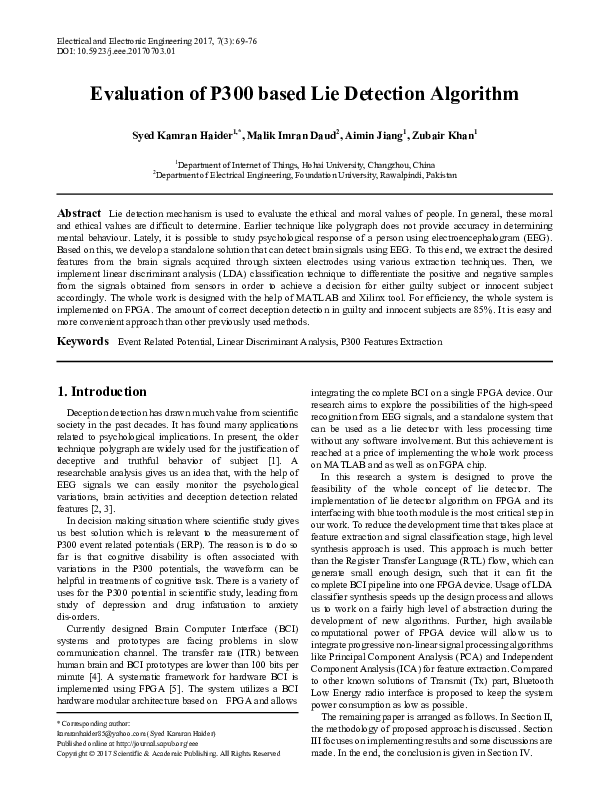 (PDF) An experiment of lie detection based EEG-P300 classified by SVM algorithm