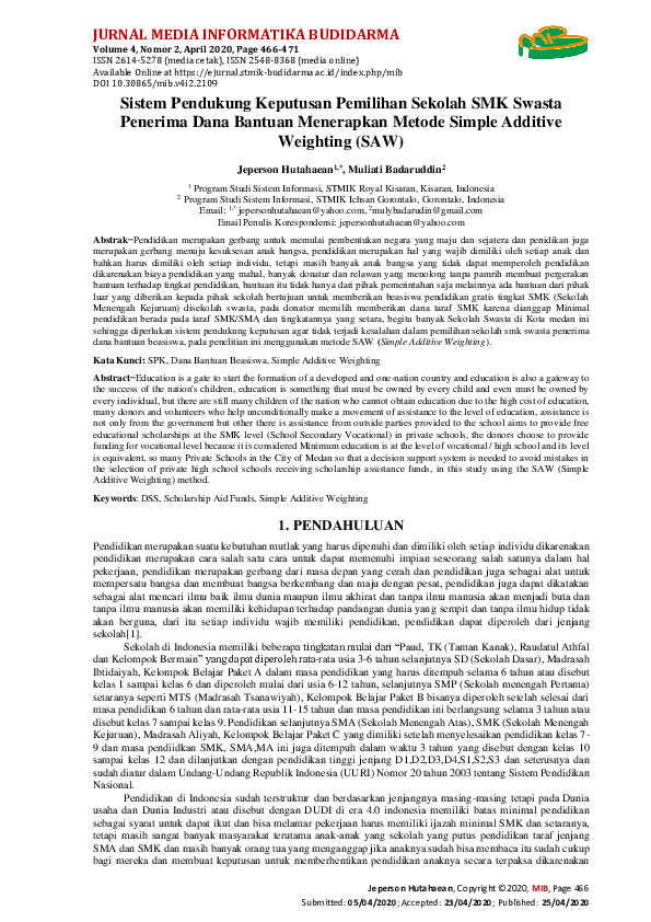 (PDF) Sistem Pendukung Keputusan Pemilihan Sekolah SMK Swasta Penerima Dana Bantuan Menerapkan ...