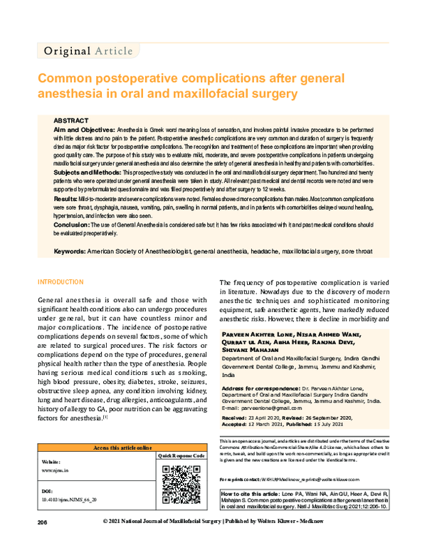 (PDF) Common postoperative complications after general anesthesia in ...