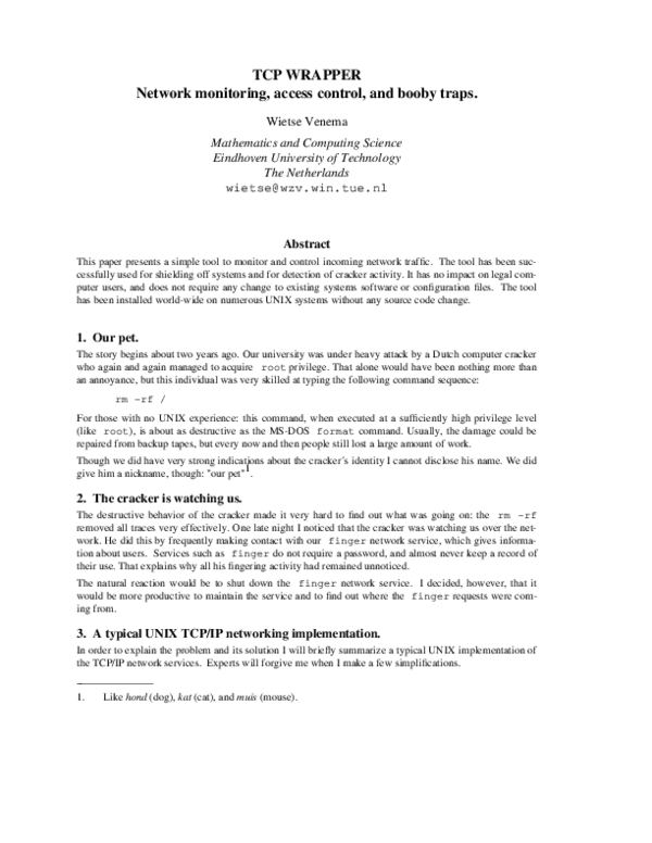 Pdf Tcp Wrapper Network Monitoring Access Control And Booby Traps 3459