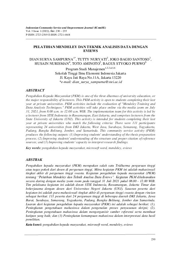 (PDF) Pelatihan Mendeley Dan Teknik Analisis Data Dengan Eviews