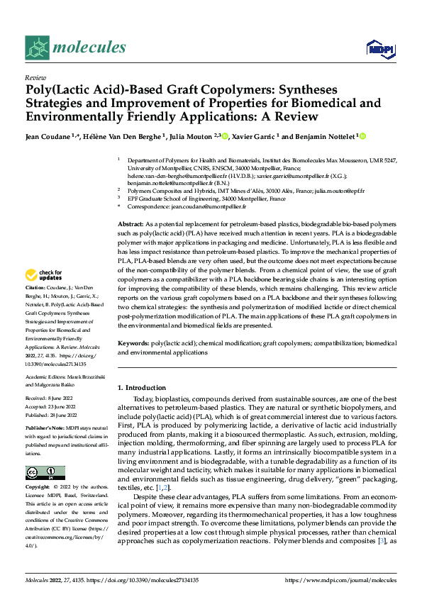 (PDF) Poly(Lactic Acid)-Based Graft Copolymers: Syntheses Strategies and Improvement of ...