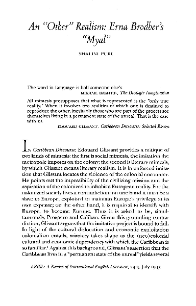 (PDF) An "Other" Realism: Erna Brodber's"Myal