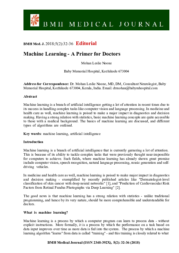 (PDF) Machine Learning - A Primer for Doctors