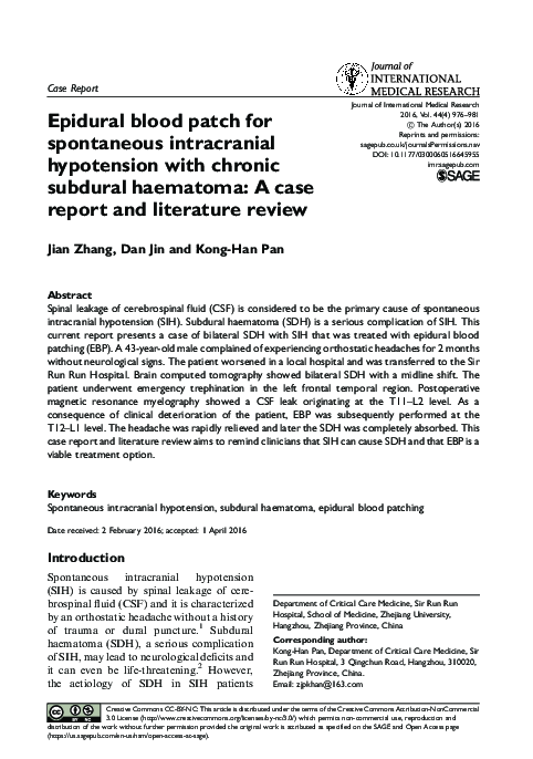 (PDF) Epidural blood patch for spontaneous intracranial hypotension with chronic subdural ...