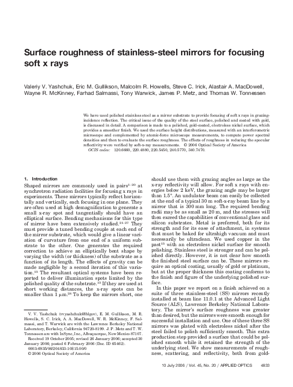 (PDF) Surface roughness of stainless-steel mirrors for focusing soft x rays