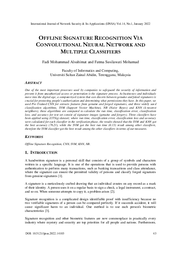 Pdf Offline Signature Recognition Via Convolutional Neural Network And Multiple Classifiers 