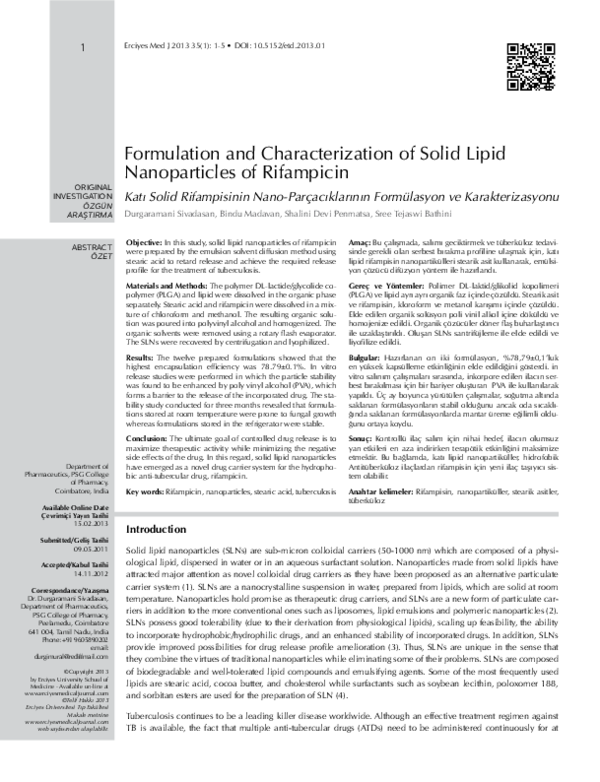 (PDF) Formulation and Characterization of Solid Lipid Nanoparticles of Rifampicin
