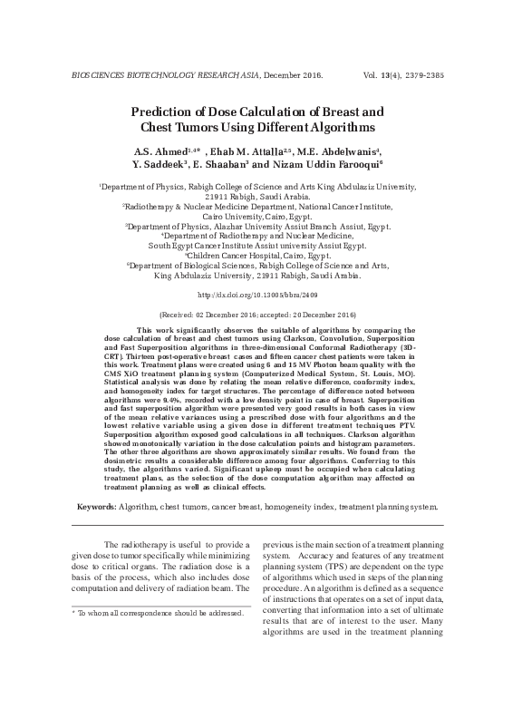 Pdf Prediction Of Dose Calculation Of Breast And Chest Tumors Using Different Algorithms