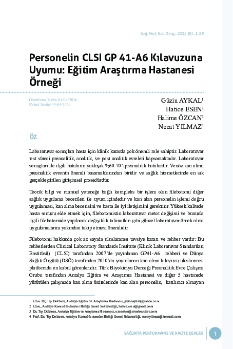 (PDF) Personelin CLSI GP 41-A6 Kılavuzuna Uyumu: Eğitim Araştırma ...