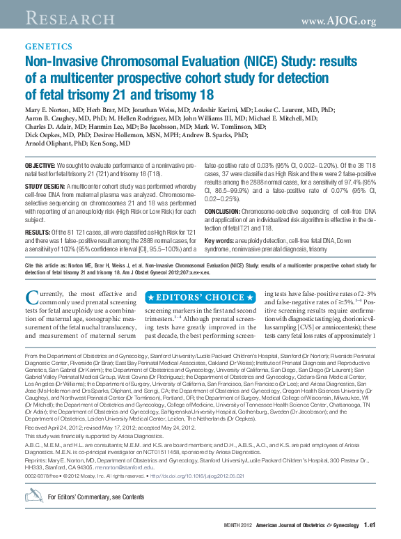 (PDF) Non-Invasive Chromosomal Evaluation (NICE) Study: results of a ...