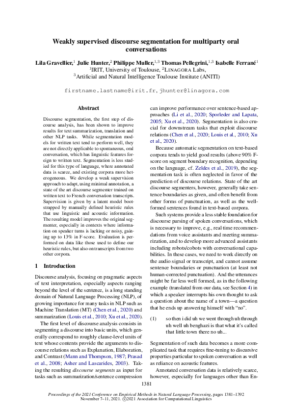 (PDF) Weakly supervised discourse segmentation for multiparty oral conversations