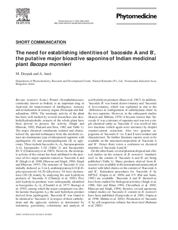 (PDF) The need for establishing identities of ‘bacoside A and B’, the putative major bioactive ...