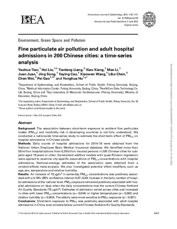 Pdf Fine Particulate Air Pollution And Adult Hospital Admissions In 200 Chinese Cities A Time