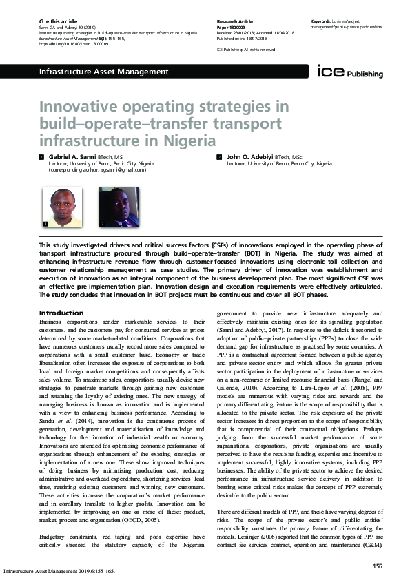 (PDF) Innovative operating strategies in build–operate–transfer transport infrastructure in Nigeria