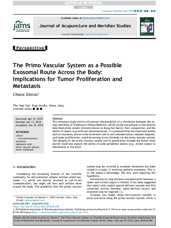 (PDF) The Primo Vascular System as a possible exosomal route across the ...