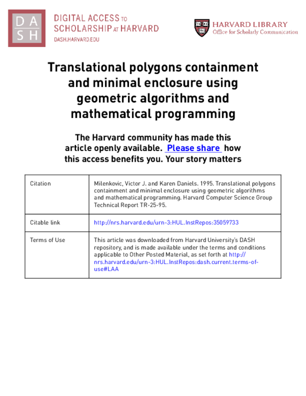 Pdf Translational Polygons Containment And Minimal Enclosure Using Geometric Algorithms And