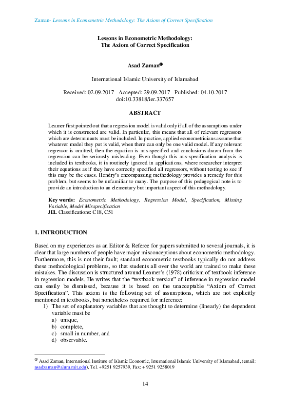 (PDF) Lessons in Econometric Methodology: The Axiom of Correct ...