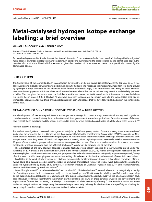(PDF) Metal-catalysed hydrogen isotope exchange labelling: a brief overview