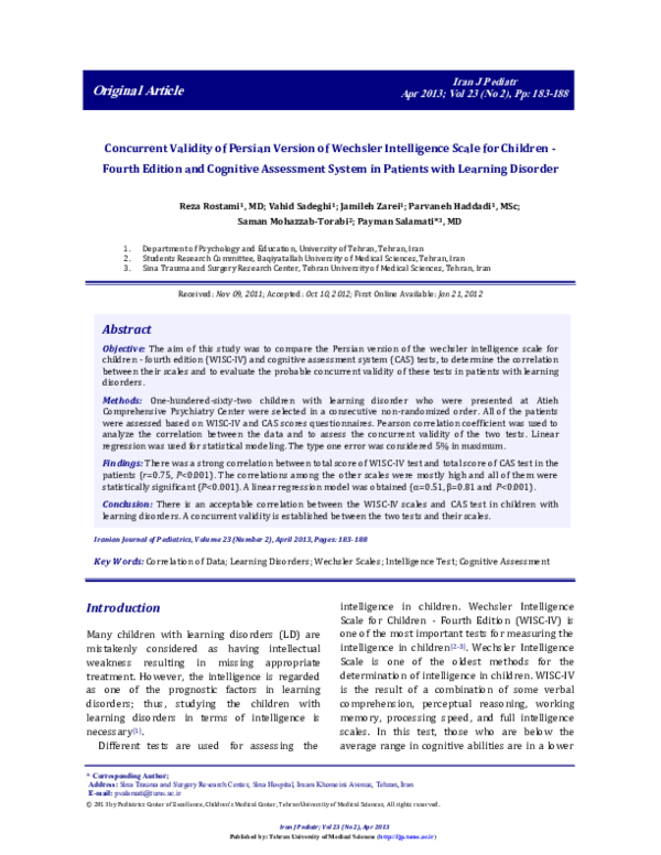 (PDF) P-329 - Concurrent validity of persian version of wechsler ...