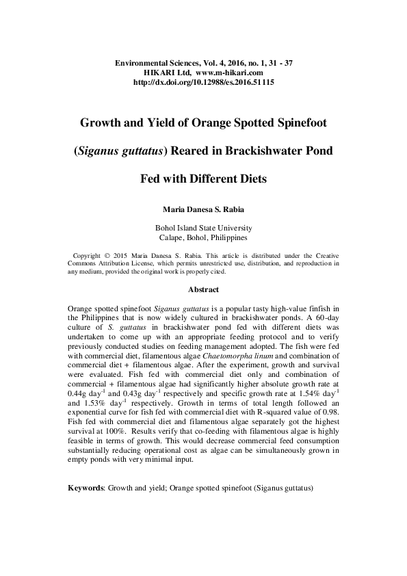 (PDF) Growth and yield of orange spotted spinefoot (Siganus guttatus ...