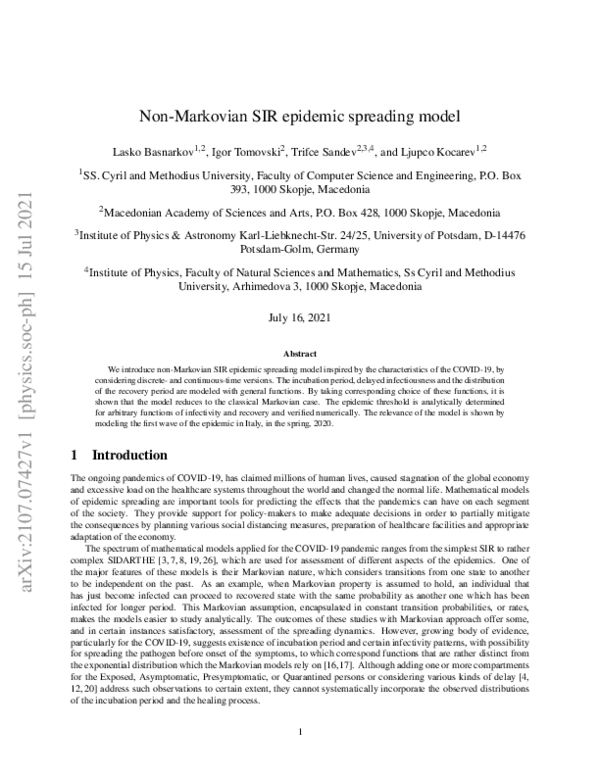(PDF) Non-Markovian SIR epidemic spreading model
