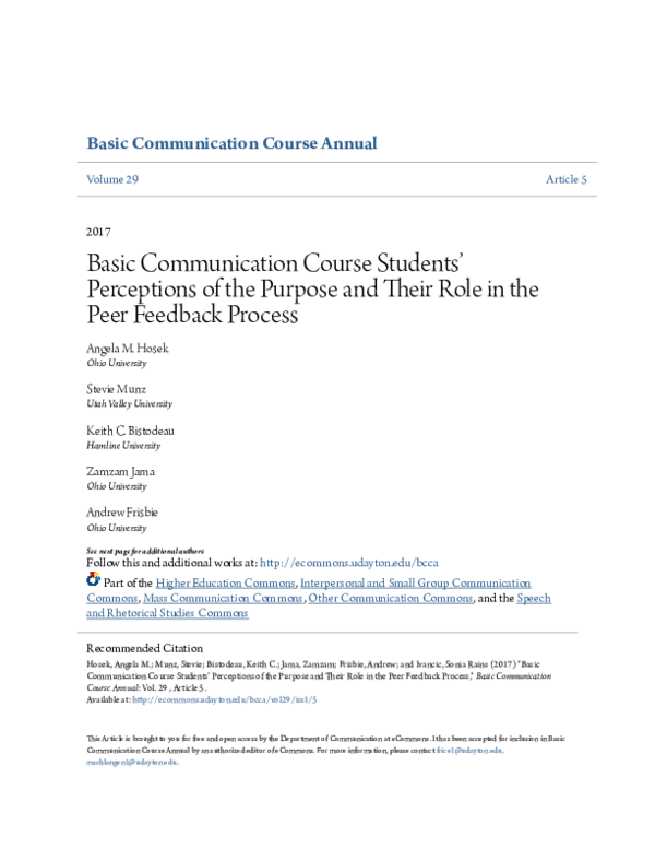 (PDF) Basic Communication Course Students’ Perceptions of the Purpose ...