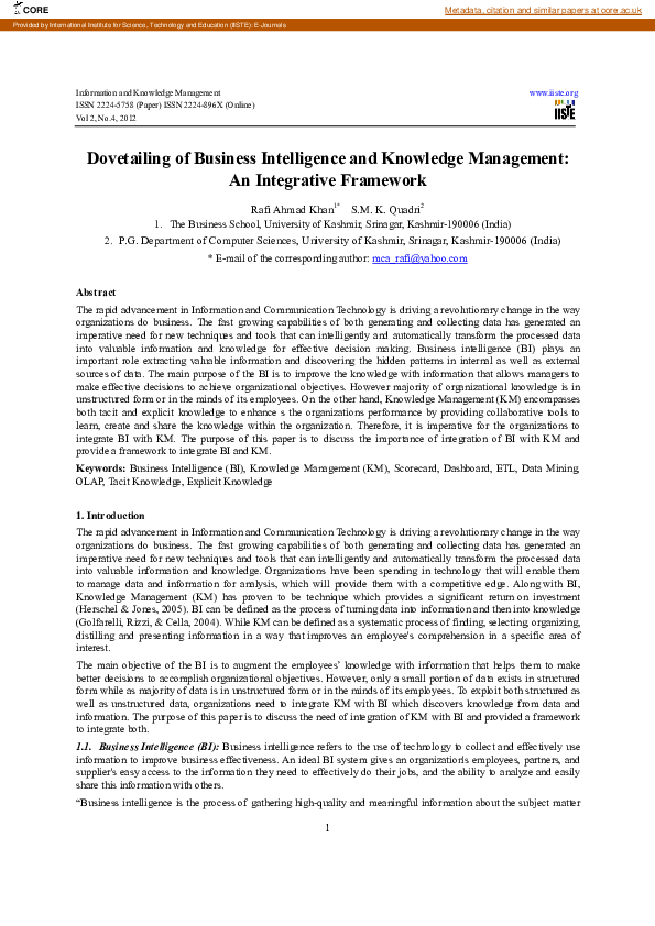 (PDF) Dovetailing of Business Intelligence and Knowledge Management: An Integrative Framework