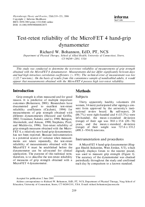 (PDF) Test-retest reliability of the MicroFET 4 hand-grip dynamometer