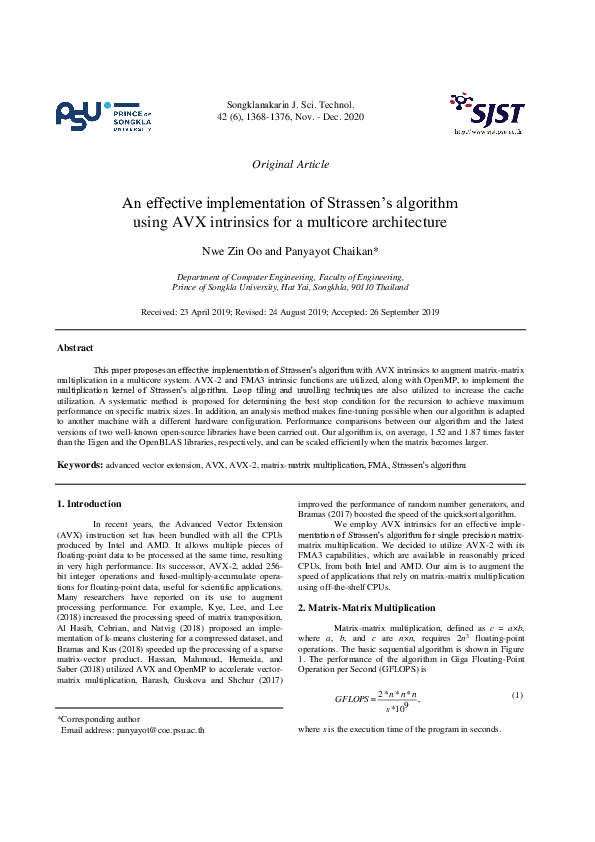 (PDF) An effective implementation of Strassen's algorithmusing AVX intrinsics for a multicore ...