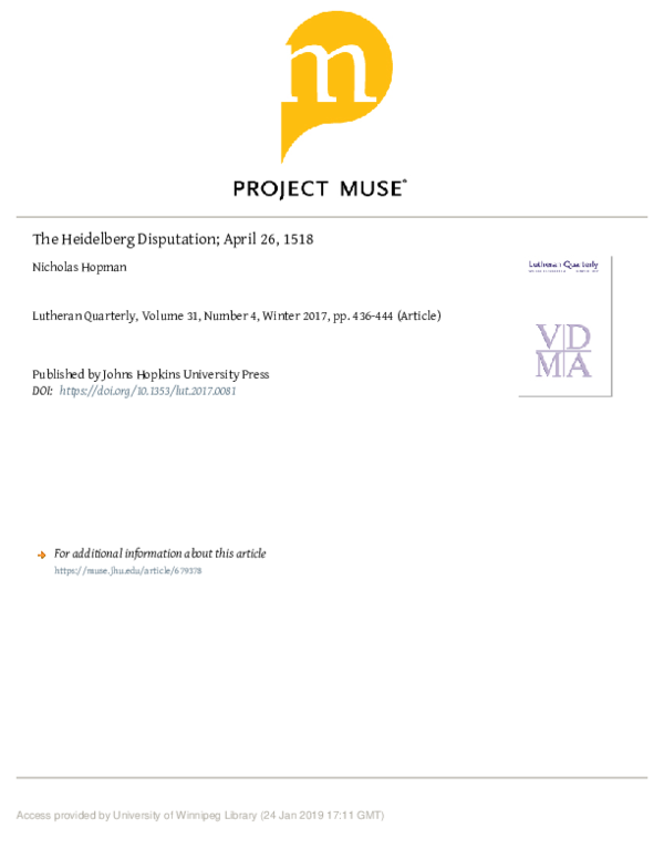 (PDF) The Heidelberg Disputation; April 26, 1518