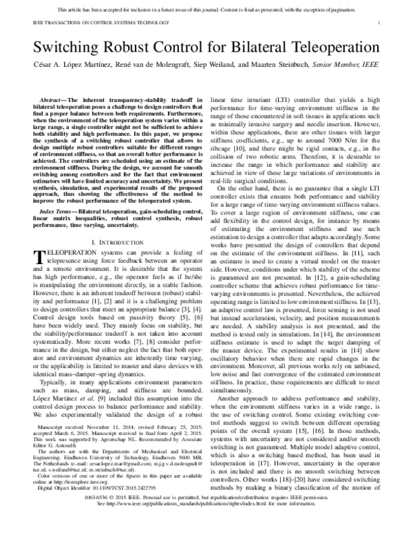 (PDF) Switching Robust Control for Bilateral Teleoperation | Cesar Flores Lopez - Academia.edu