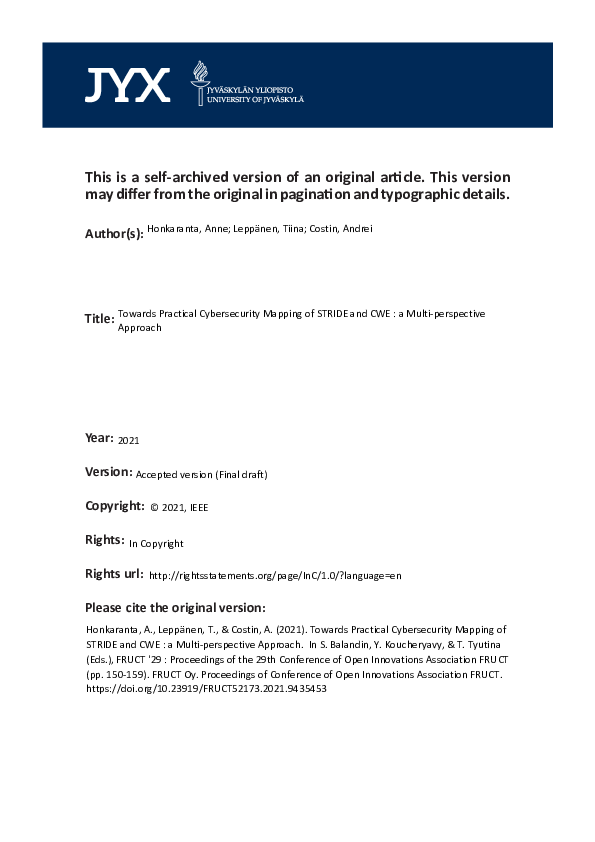 (PDF) Towards Practical Cybersecurity Mapping of STRIDE and CWE — a ...