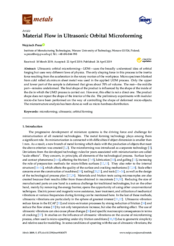 (PDF) Material Flow in Ultrasonic Orbital Microforming