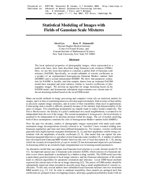 Pdf Statistical Modeling Of Images With Fields Of Gaussian Scale Mixtures