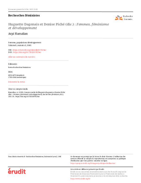 (PDF) Huguette Dagenais et Denise Piché (dir.) : Femmes, féminisme et ...