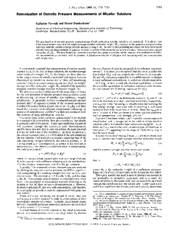 (PDF) Reevaluation of osmotic pressure measurements of micellar solutions