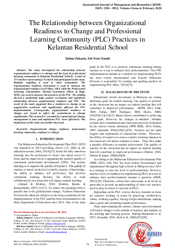 (PDF) The Relationship between Organizational Readiness to Change and Professional Learning ...