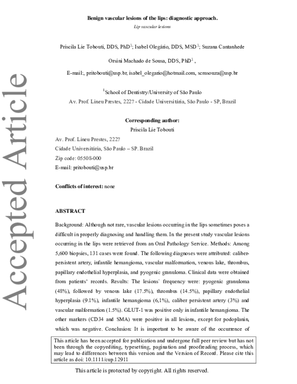 (PDF) Benign vascular lesions of the lips: diagnostic approach