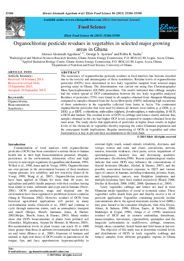 (PDF) Organochlorine pesticide residues in vegetables in selected major growing areas in Ghana