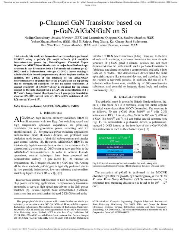 (PDF) p-Channel GaN Transistor Based on p-GaN/AlGaN/GaN on Si