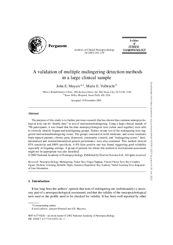 (PDF) A validation of multiple malingering detection methods in a large ...