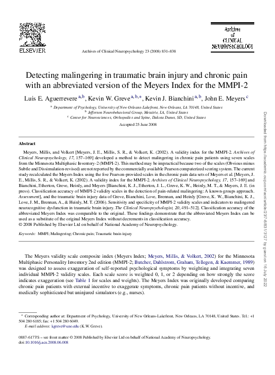 (PDF) Detecting malingering in traumatic brain injury and chronic pain with an abbreviated ...