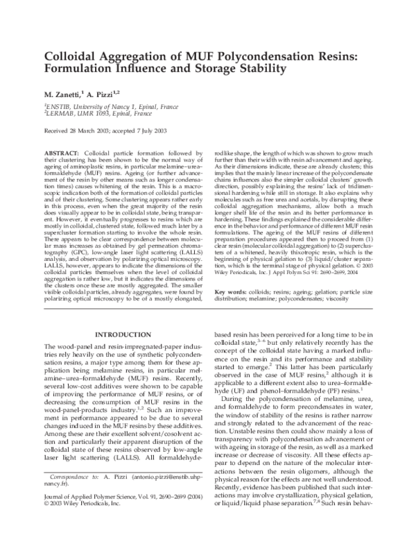 (PDF) Colloidal aggregation of MUF polycondensation resins: Formulation ...