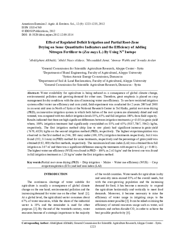 Pdf Alternate Partial Root Zone Drying Irrigation Improves Nitrogen