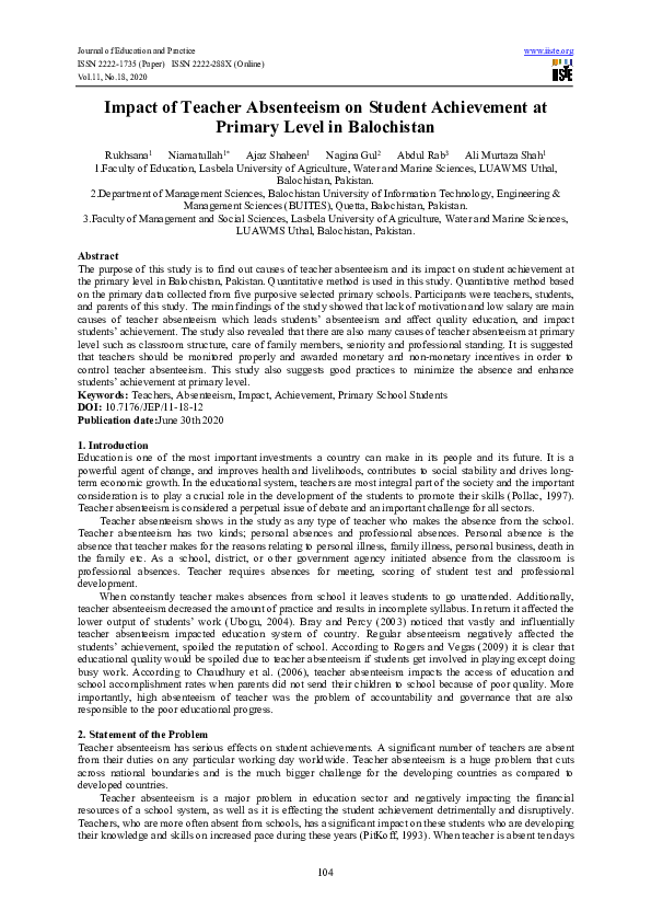 (PDF) Impact of Teacher Absenteeism on Student Achievement at Primary ...