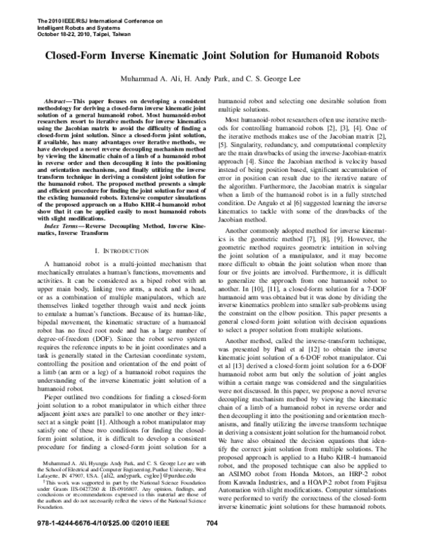 (PDF) Closed-form inverse kinematic joint solution for humanoid robots