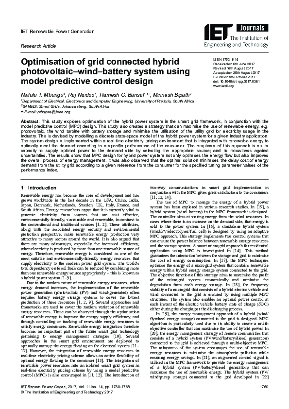 (PDF) Optimisation of grid connected hybrid photovoltaic–wind–battery system using model ...