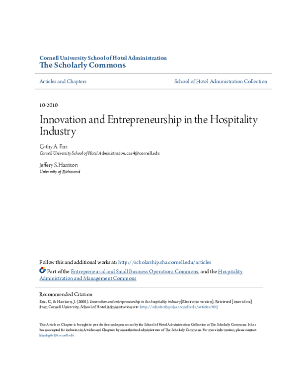 (PDF) Innovation and Entrepreneurship in the Hospitality Industry
